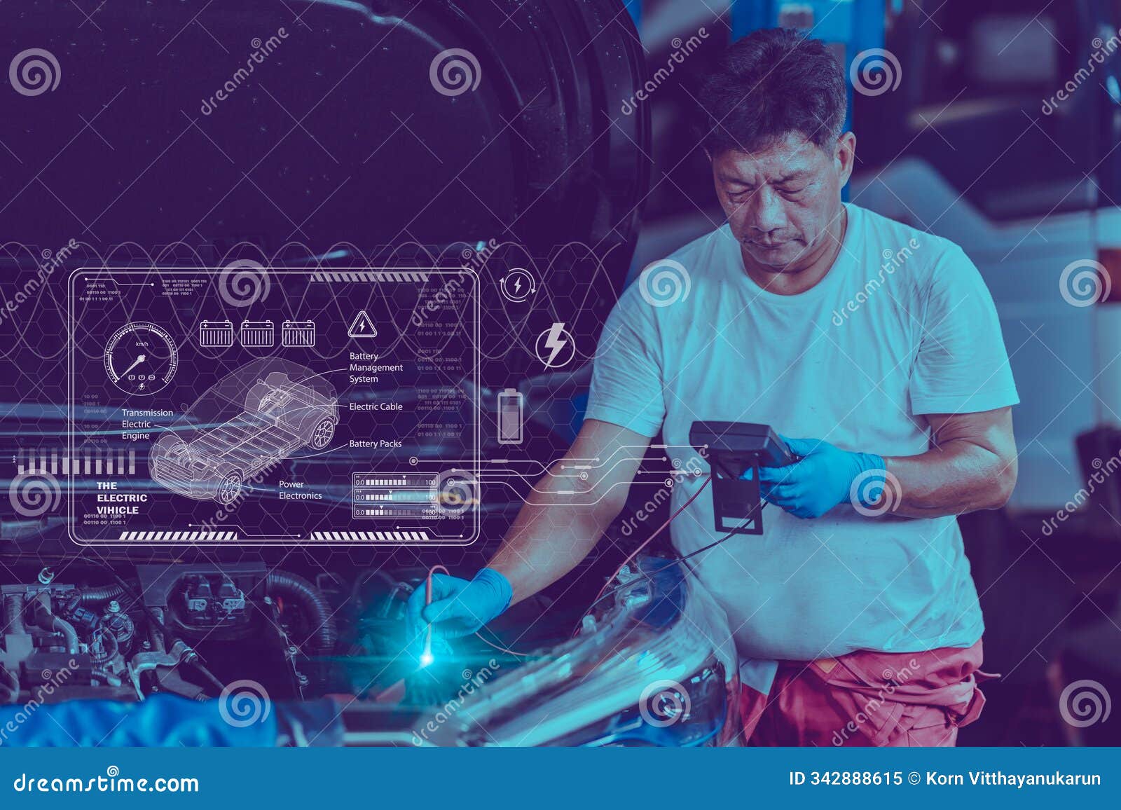 Professional Worker Checking Service EV Car Check Battery Voltage Using ...