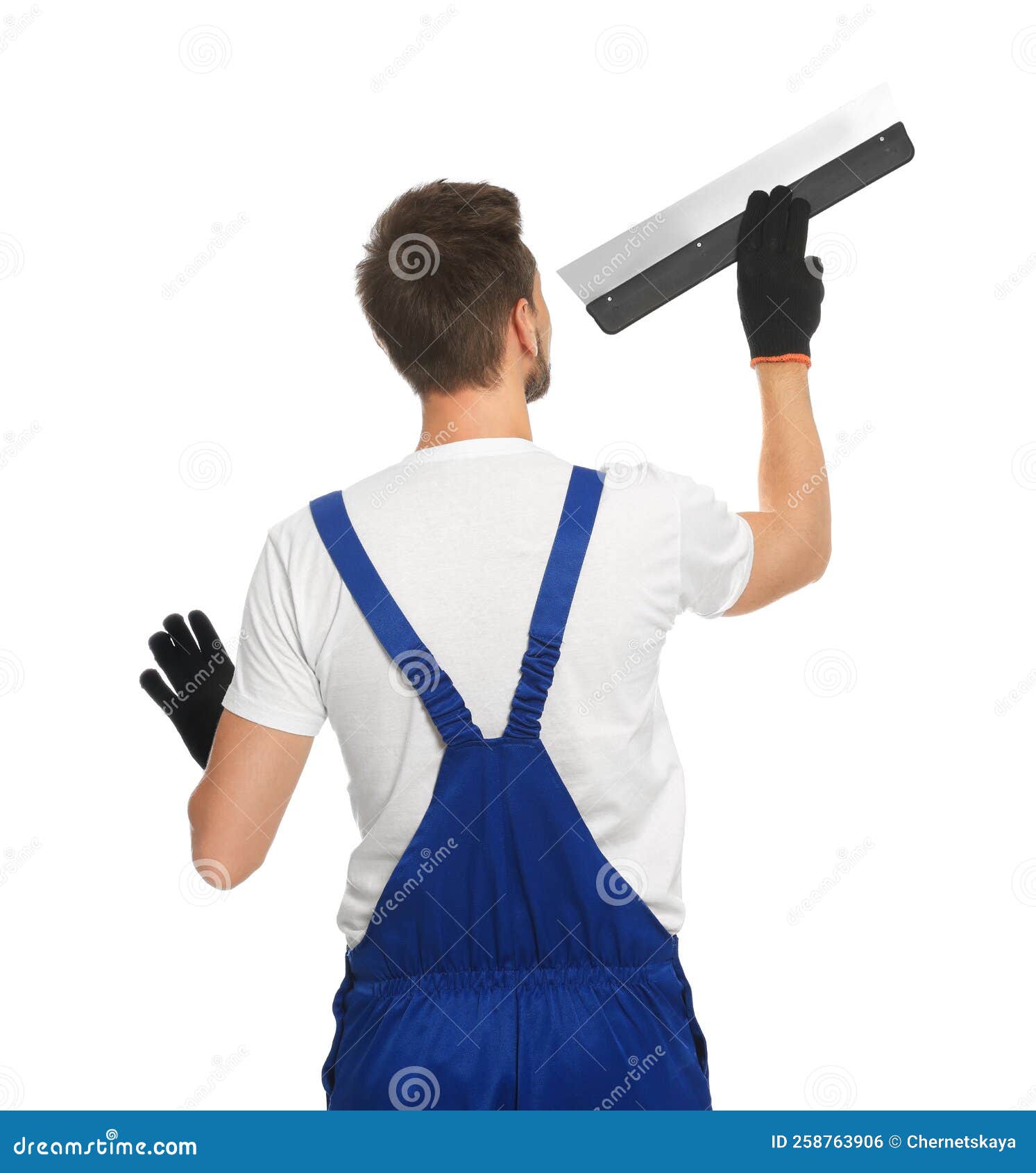 Professional Worker in Uniform with Putty Knife on White Background ...