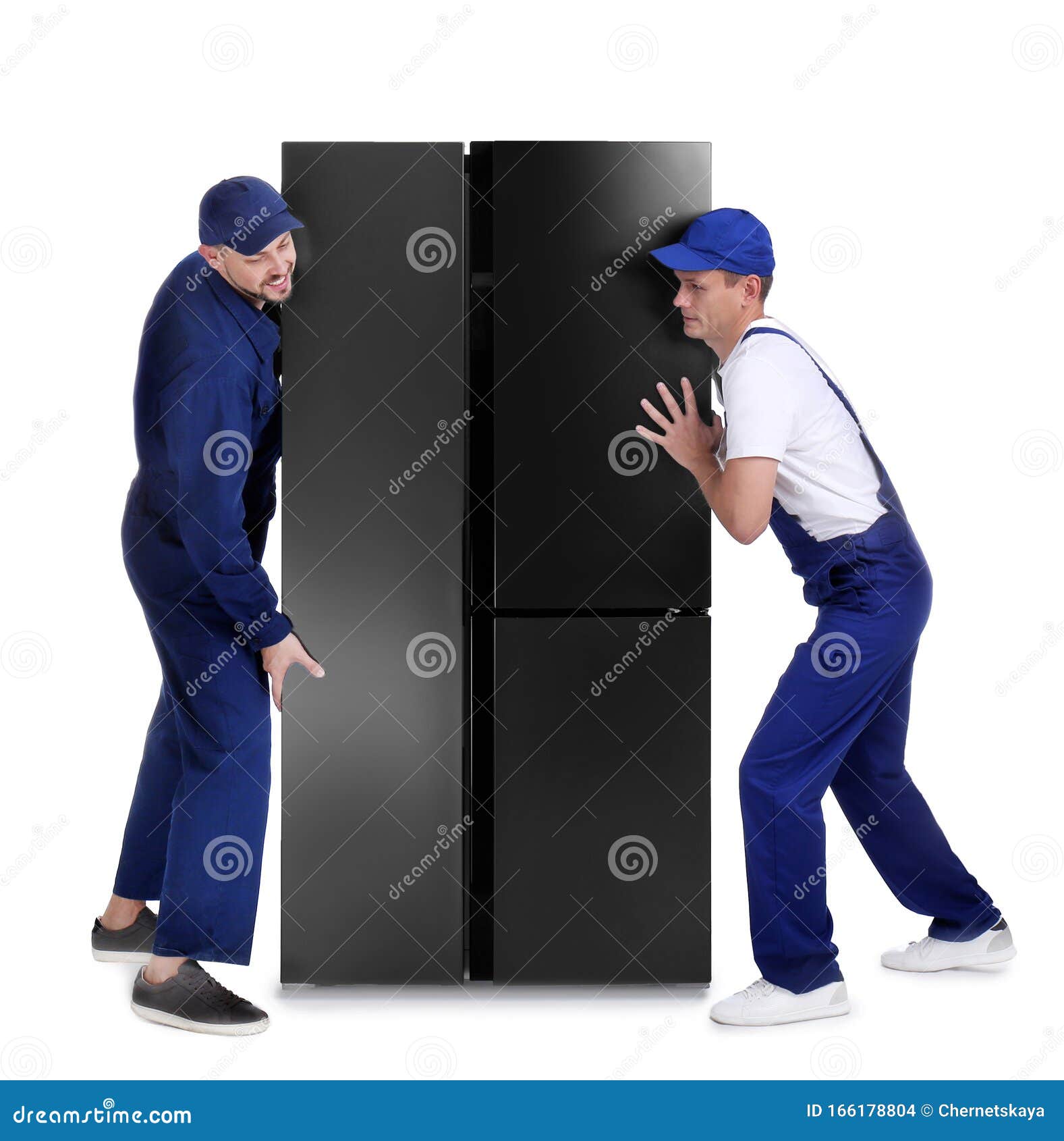 Professional Workers Carrying Refrigerator on White Stock Photo - Image ...