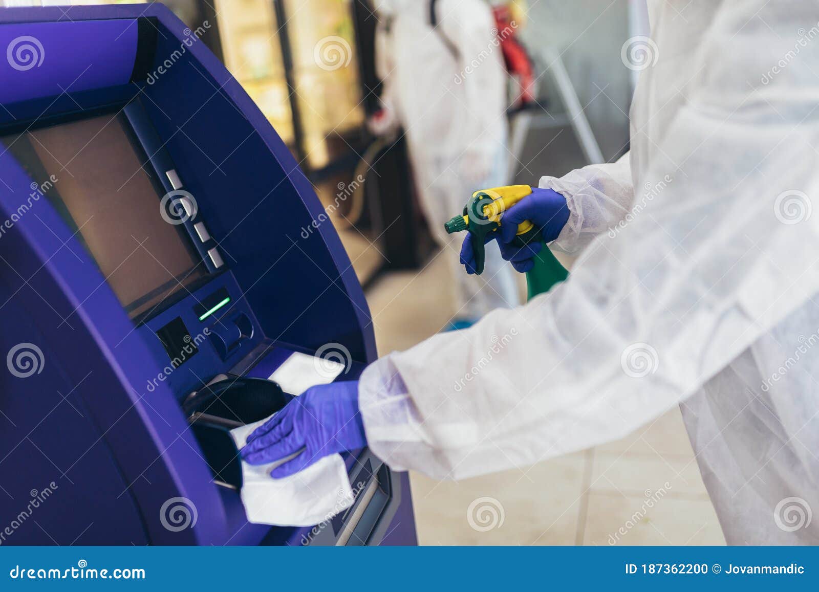Workers in Hazmat Suits Disinfecting ATM Machine Stock Photo - Image of ...