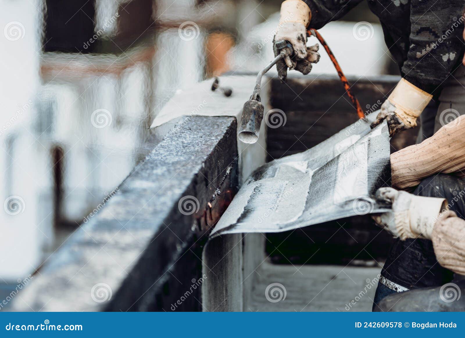 Professional Workers Waterproofing House Construction Site. Stock Photo ...