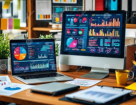 Professional Working at a Desk with Digital Analytics Dashboards Stock ...