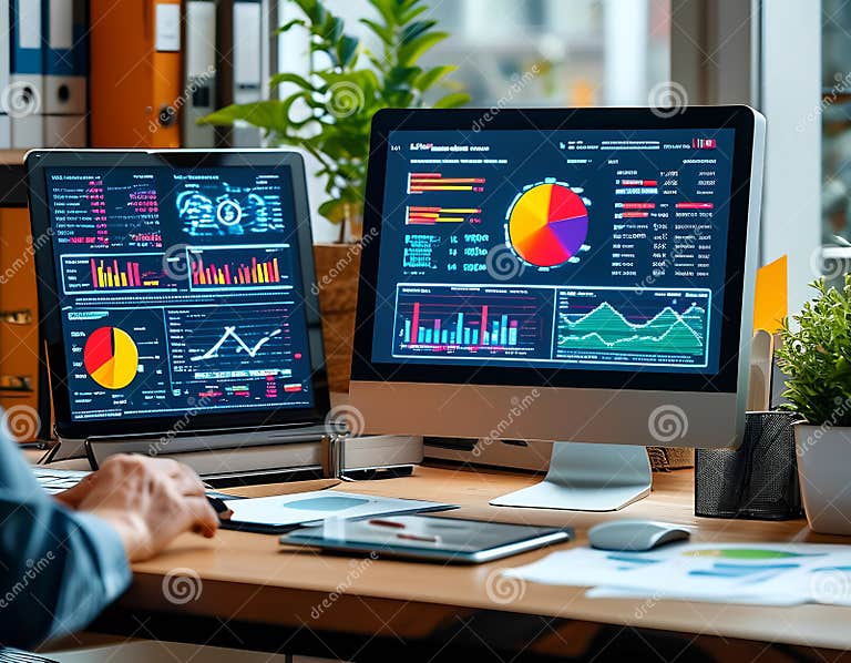 Professional Working at a Desk with Digital Analytics Dashboards Stock Illustration ...