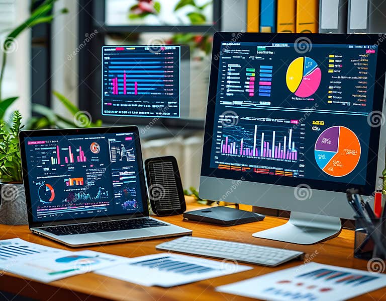 Professional Working at a Desk with Digital Analytics Dashboards Stock Illustration ...