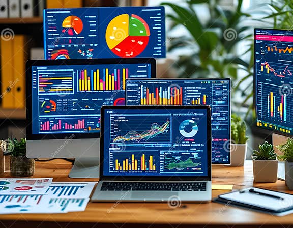 Professional Working at a Desk with Digital Analytics Dashboards Stock ...