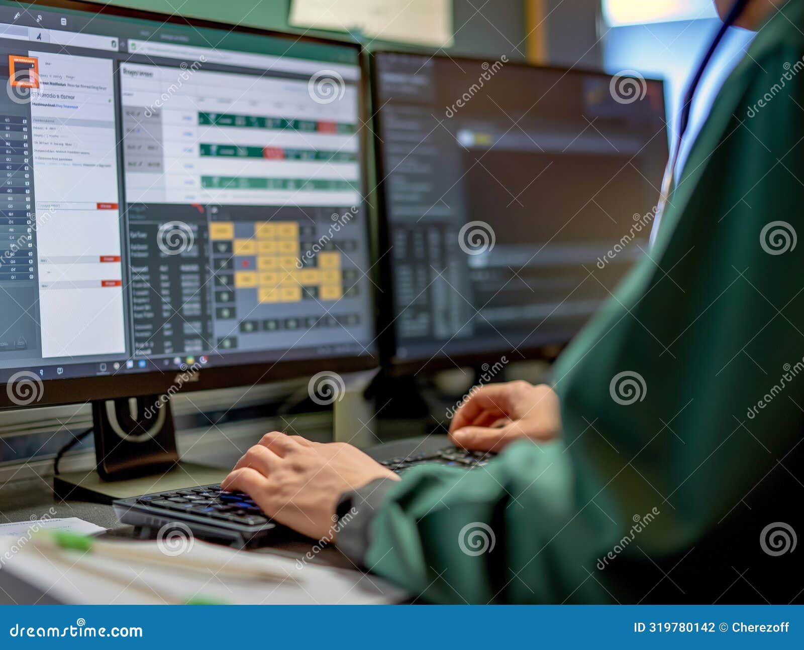 Professional Working on Dual Monitors in Office Stock Photo - Image of ...