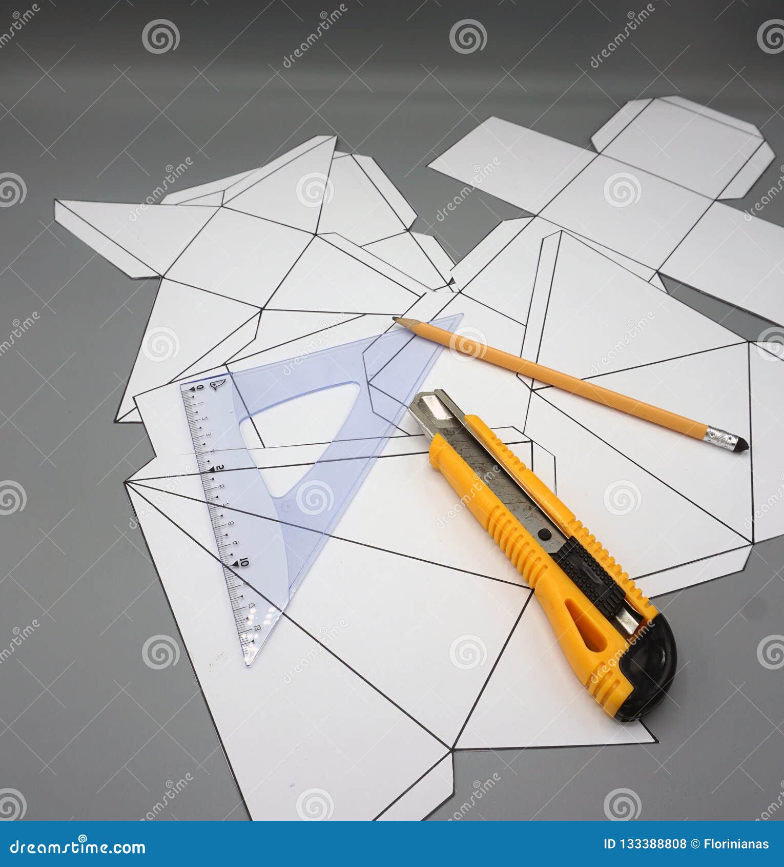 Professional Workplace with Three Dimensional Figures Unfolded Ruler ...