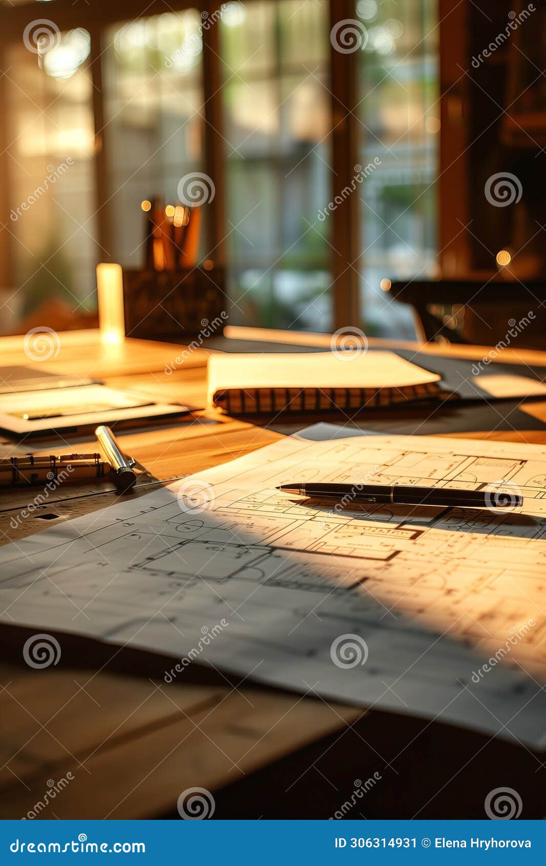 Professional Workspace with Architectural Drawings and a Pen ...