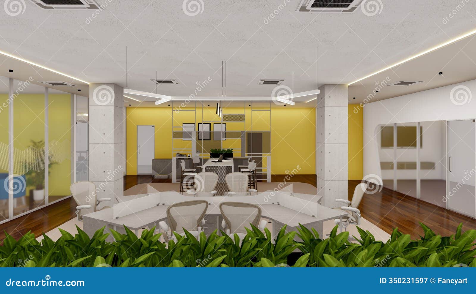 Professional Workspace Layout with Concrete Columns and Furniture Stock ...