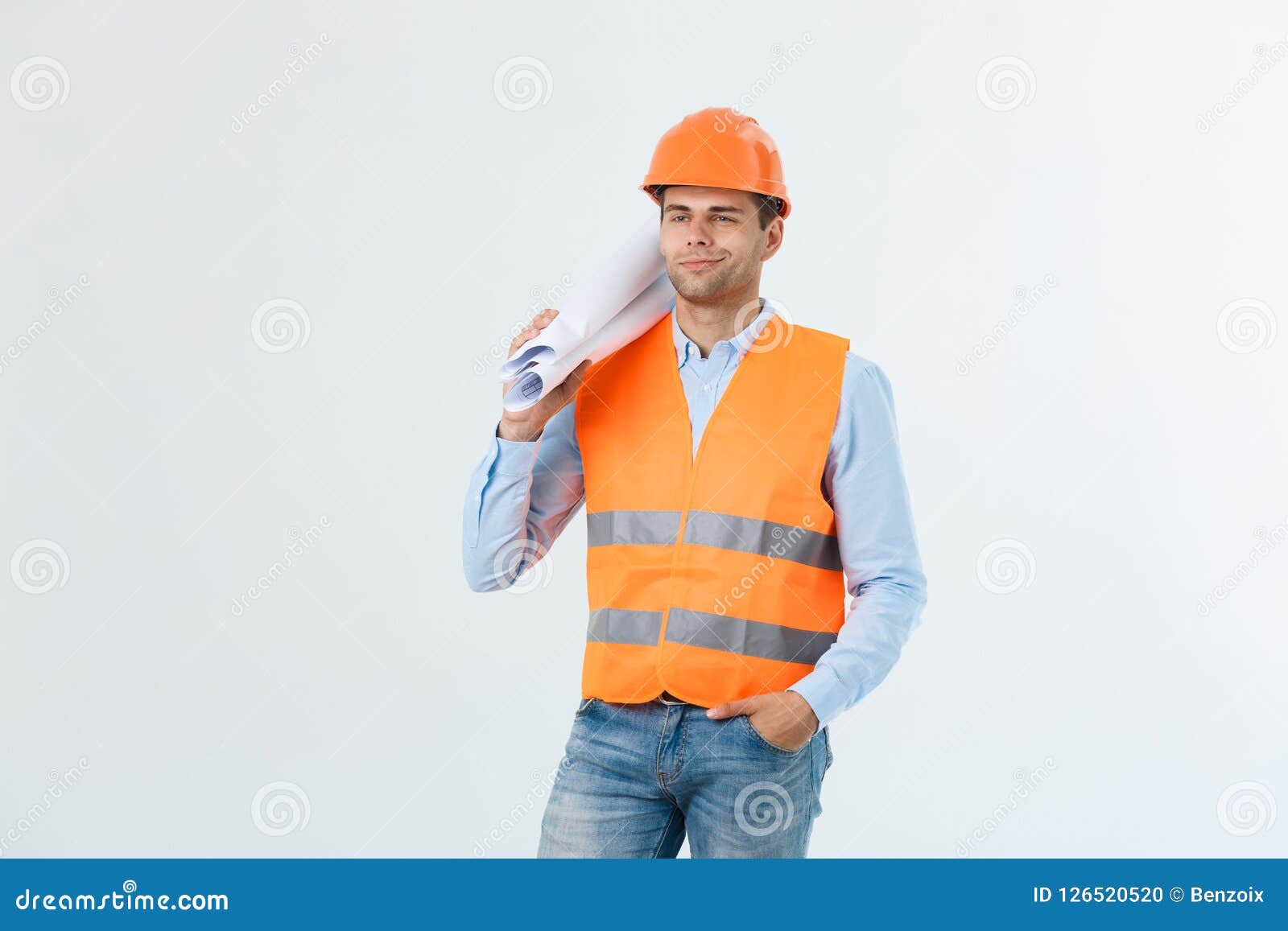 Professional Young Engineer with Blueprint, Isolated on White Stock ...