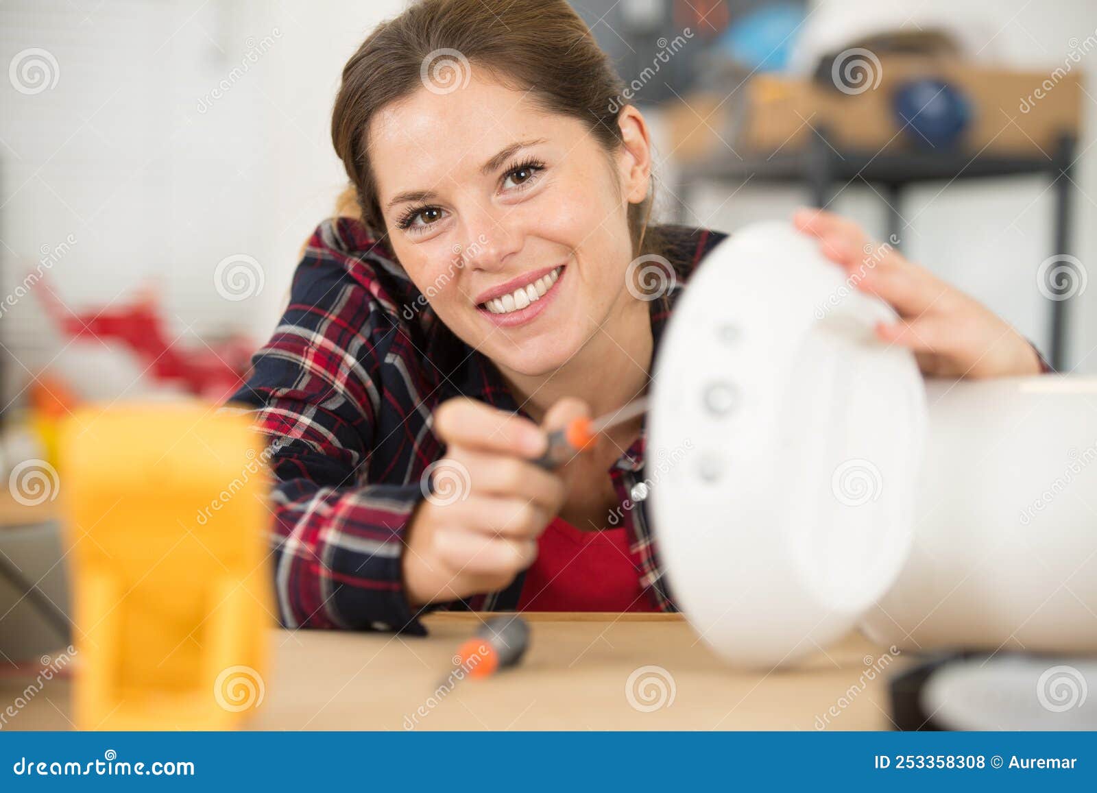 Professional Young Woman Fixing Coffee Machine Stock Photo - Image of ...