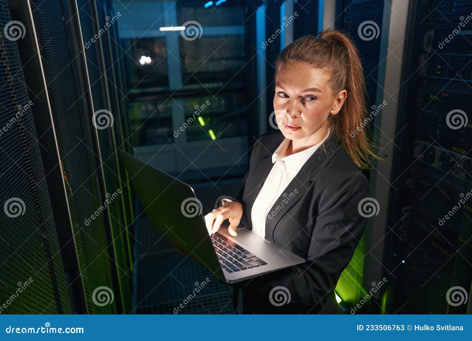 Professional Young Woman Working in Server Room Stock Image - Image of ...