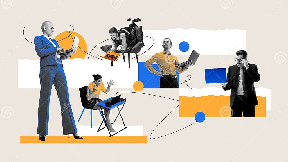 Professionals, Employees in Various Poses with Laptops, Representing ...