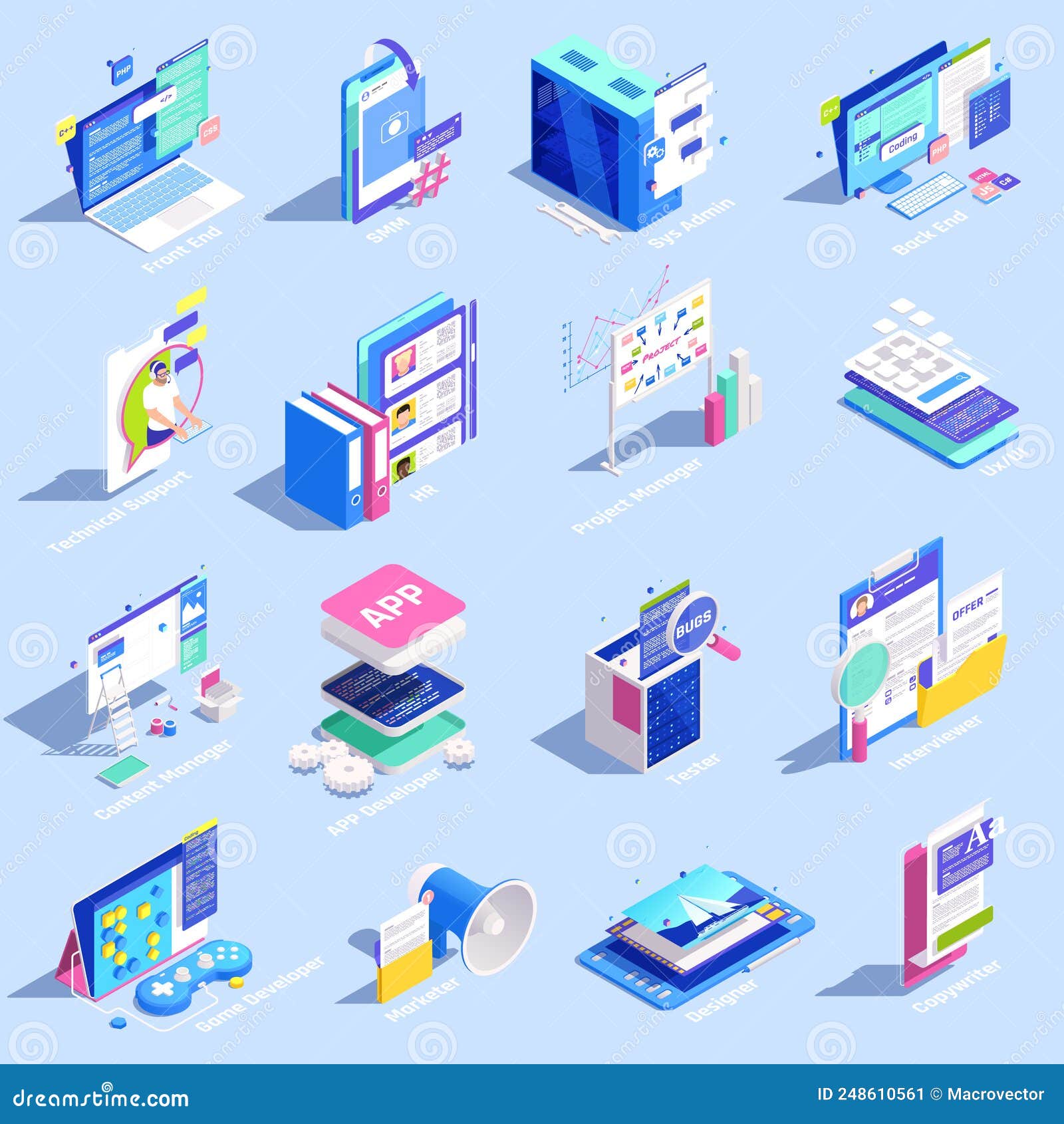 It Professions Icons Set stock vector. Illustration of front - 248610561