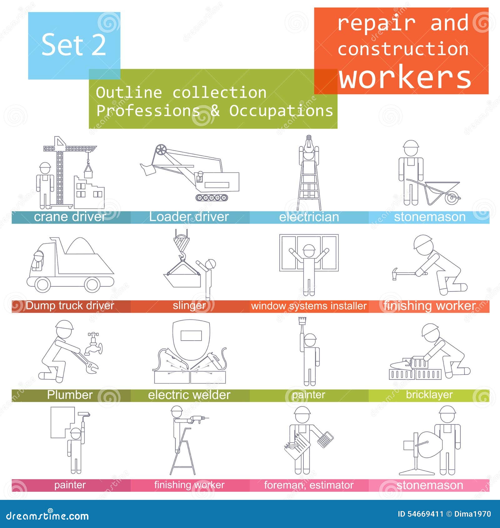 Professions and Occupations Outline Icon Set. Repair and Construction Workers Stock Vector ...