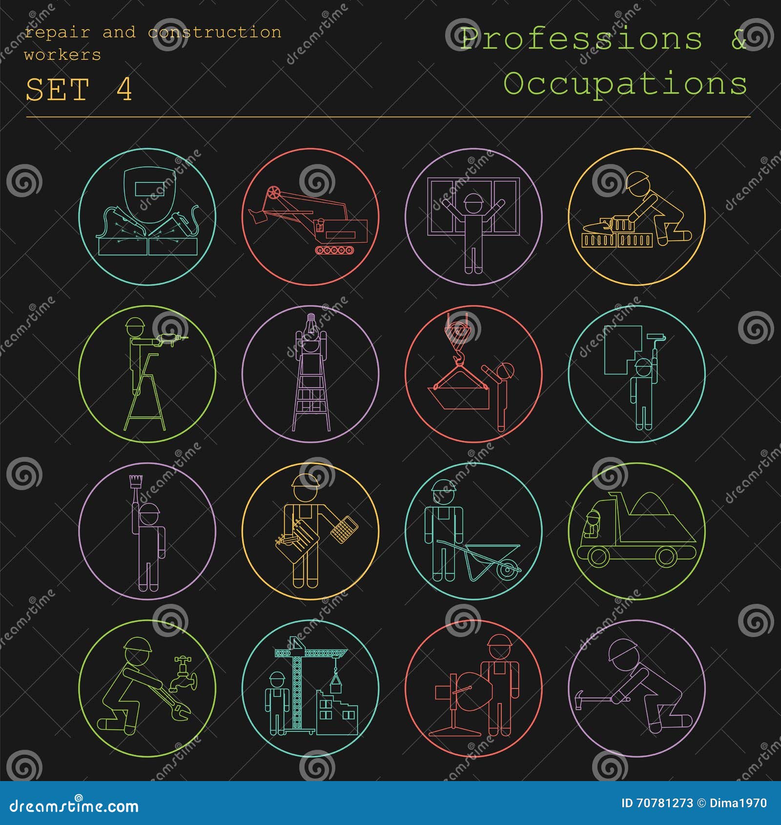 Professions and Occupations Outline Icon Set. Repair Stock Vector ...