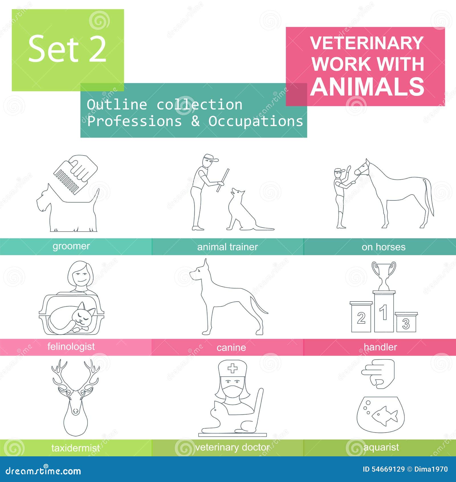 Professions and Occupations Outline Icon Set. Veterinary, Work W Stock Vector - Illustration of ...