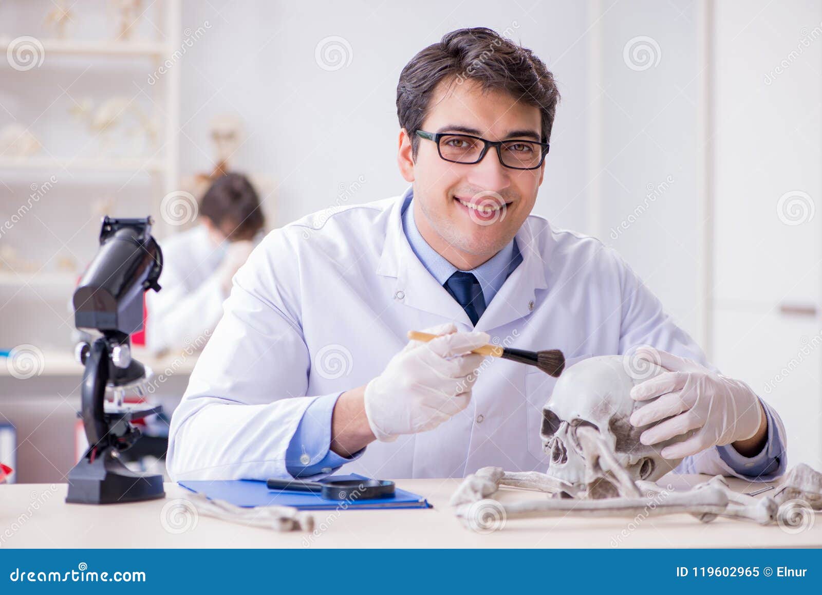 The Professor Studying Human Skeleton in Lab Stock Image - Image of ...