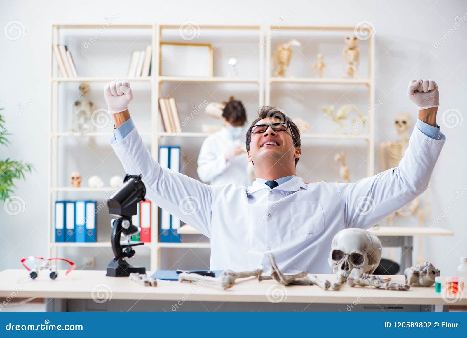 The Professor Studying Human Skeleton in Lab Stock Photo - Image of ...
