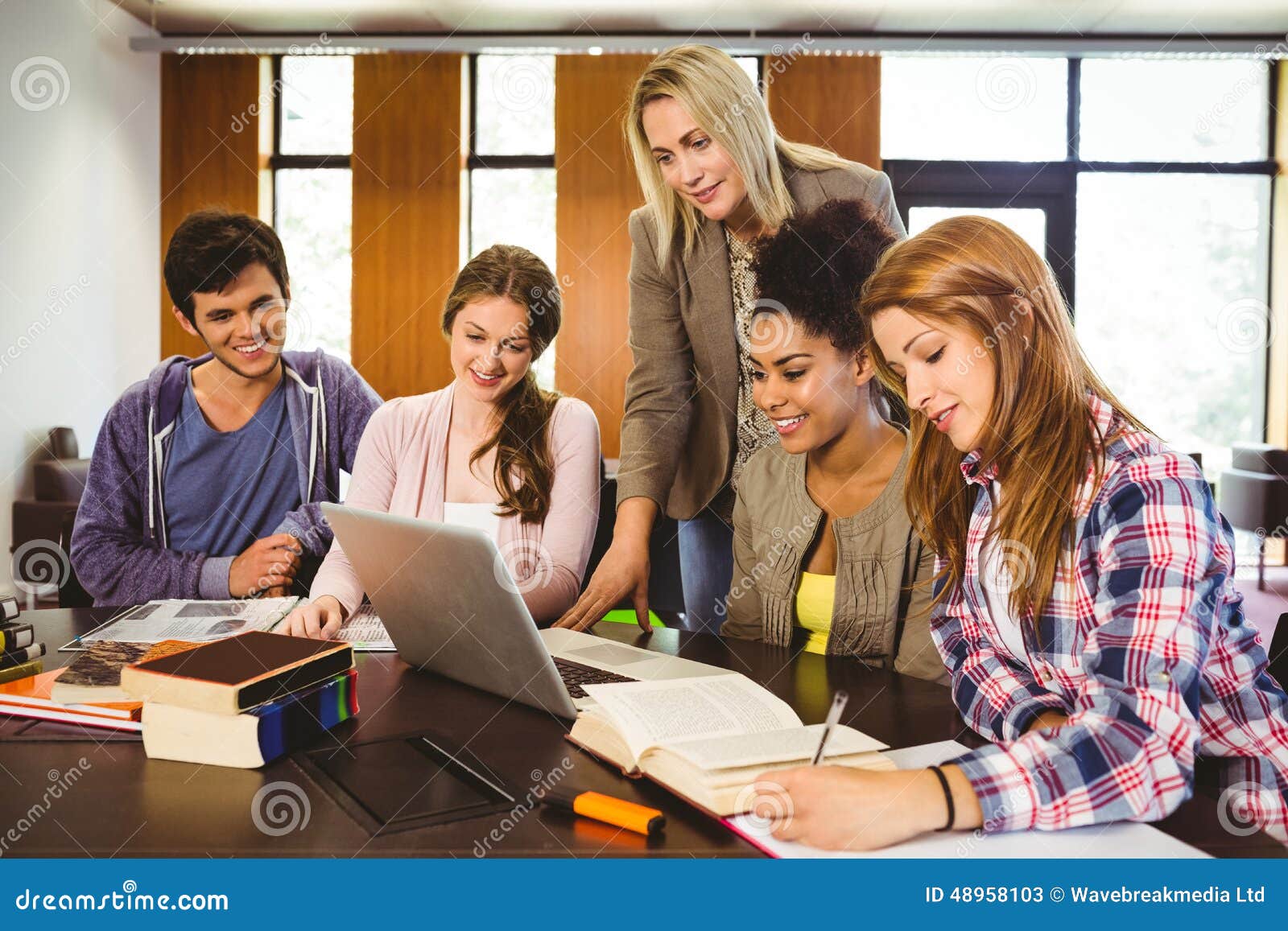 Professor Teaching Group of Students in Library Stock Image - Image of ...
