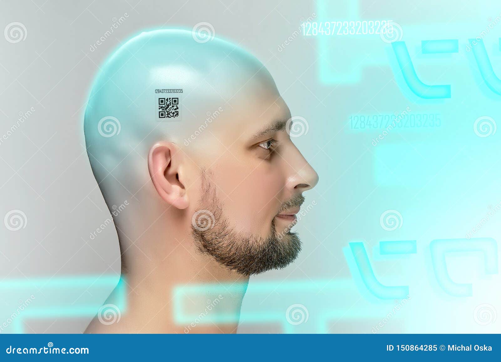 Profile of Bald Man with QR Code on Head on Gray Background in Studio ...