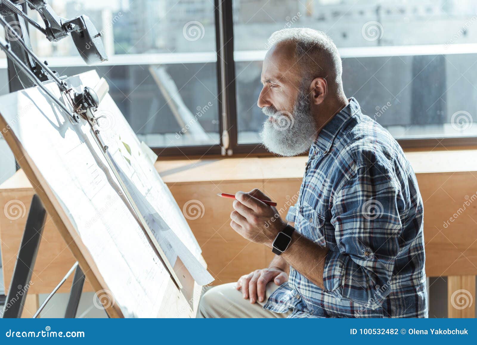 143 Concentrated Handsome Man Working Drawing Blueprint Photos - Free ...