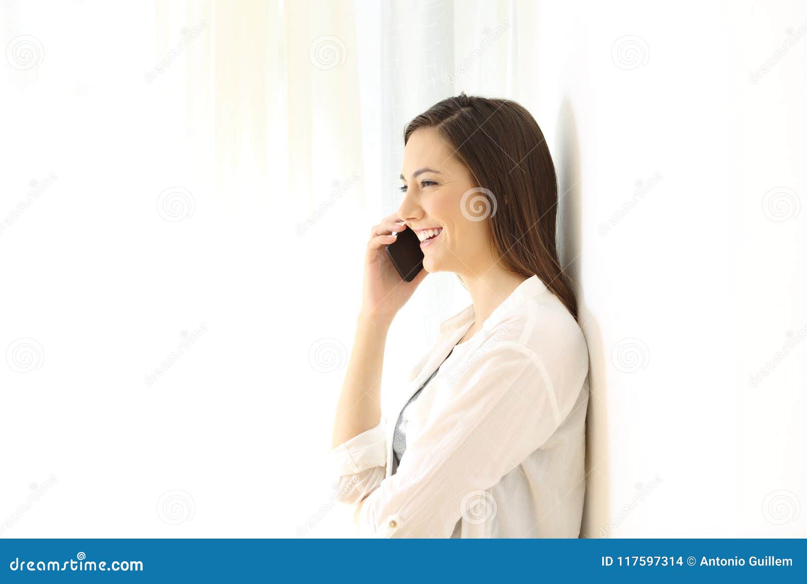 Profile of a Woman Calling on Phone Isolated on White at Side Stock ...