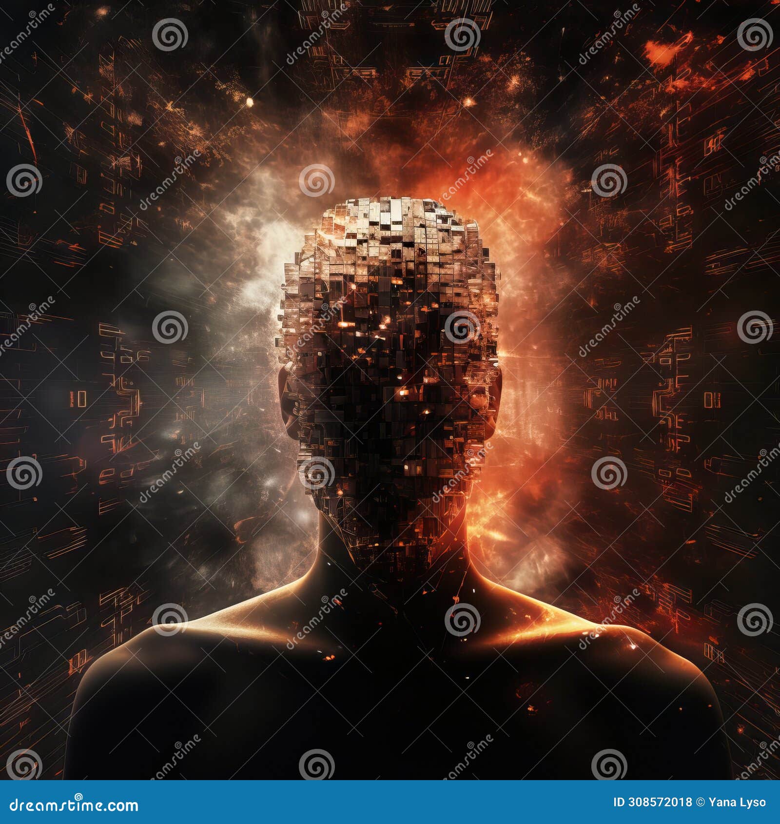 Profile of a Head Disintegrating into Cubes Against Dark Backdrop ...