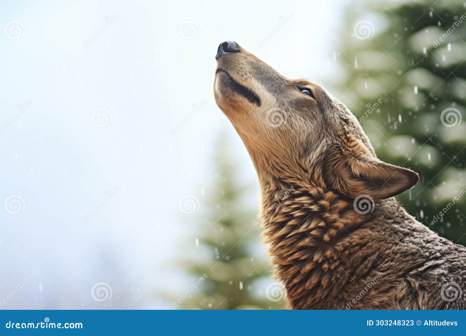 Profile of a Howling Wolf with Snowy Evergreen Backdrop Stock ...