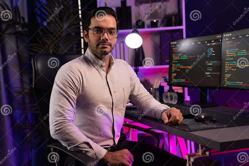 Profile it Looking Camera To Pose at Neon Light Cyber Room Office ...