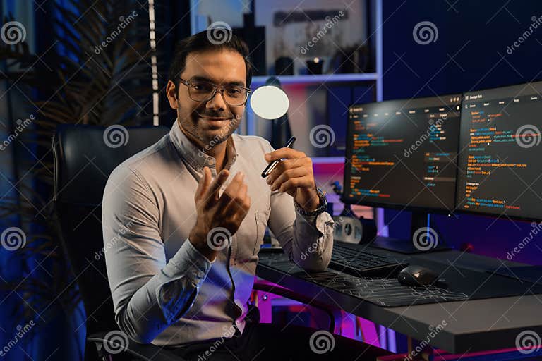 Profile it Looking Camera To Pose at Neon Light Cyber Room Office ...