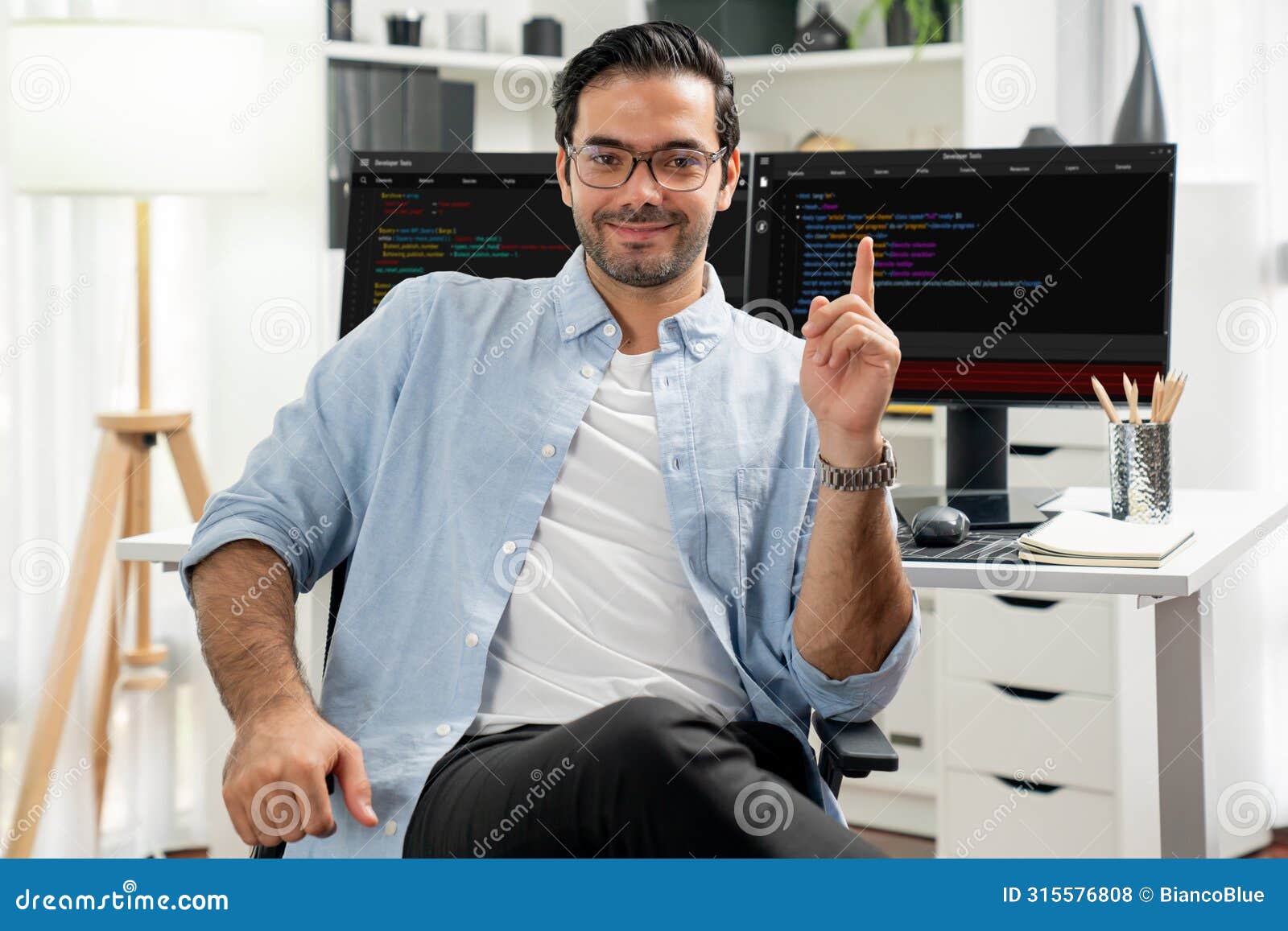 Profile it Looking Camera Wearing Glasses Against Coding on Pc. Surmise ...