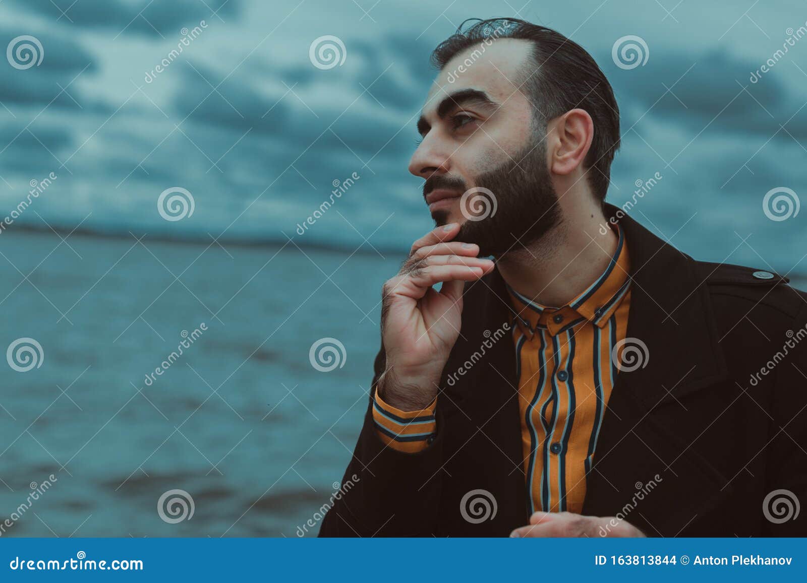 Profile of a Man-dandy with a Beard and Sideburns on the Beach. Stock ...