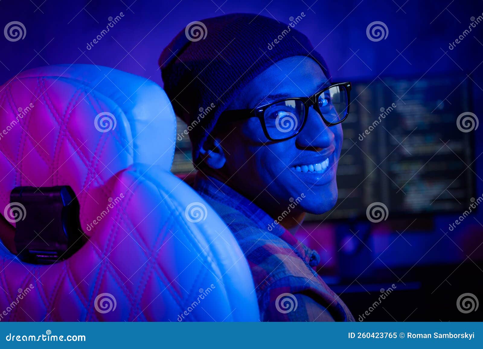 Profile Portrait of Positive Hacker Guy Sitting Chair Toothy Smile ...