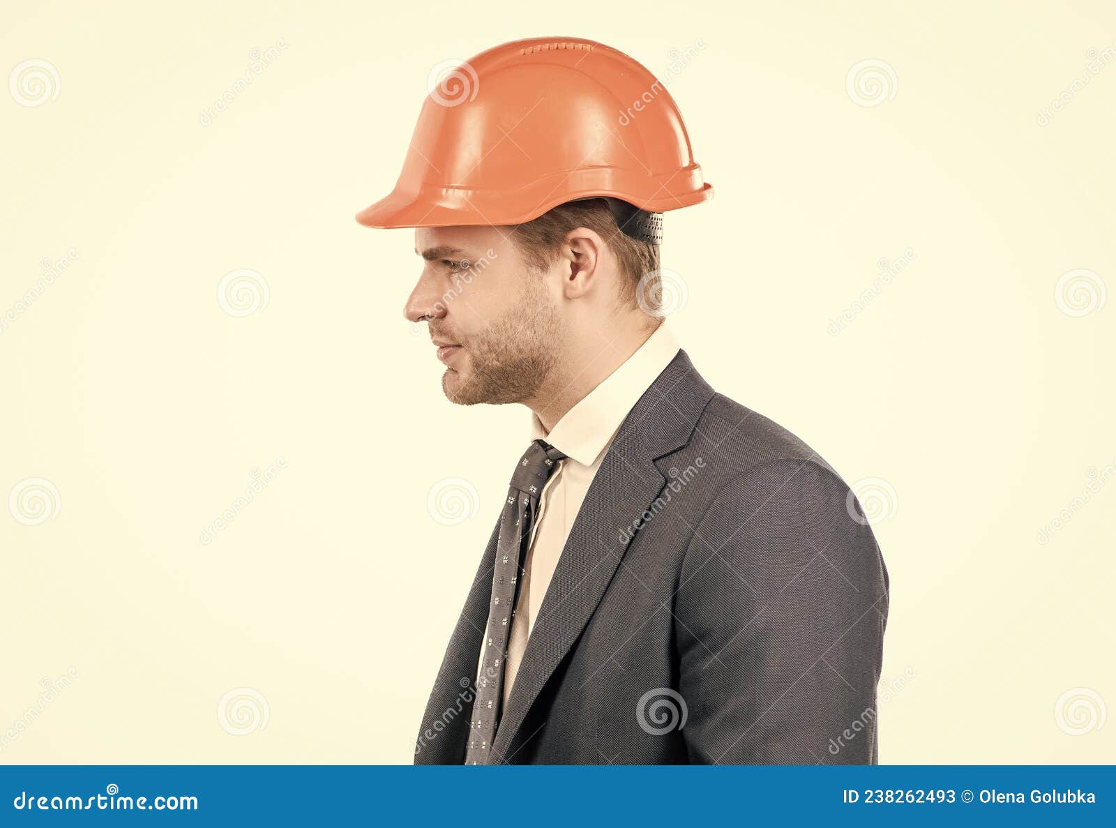 Profile Portrait of Professional Man in Hardhat and Suit Isolated on ...
