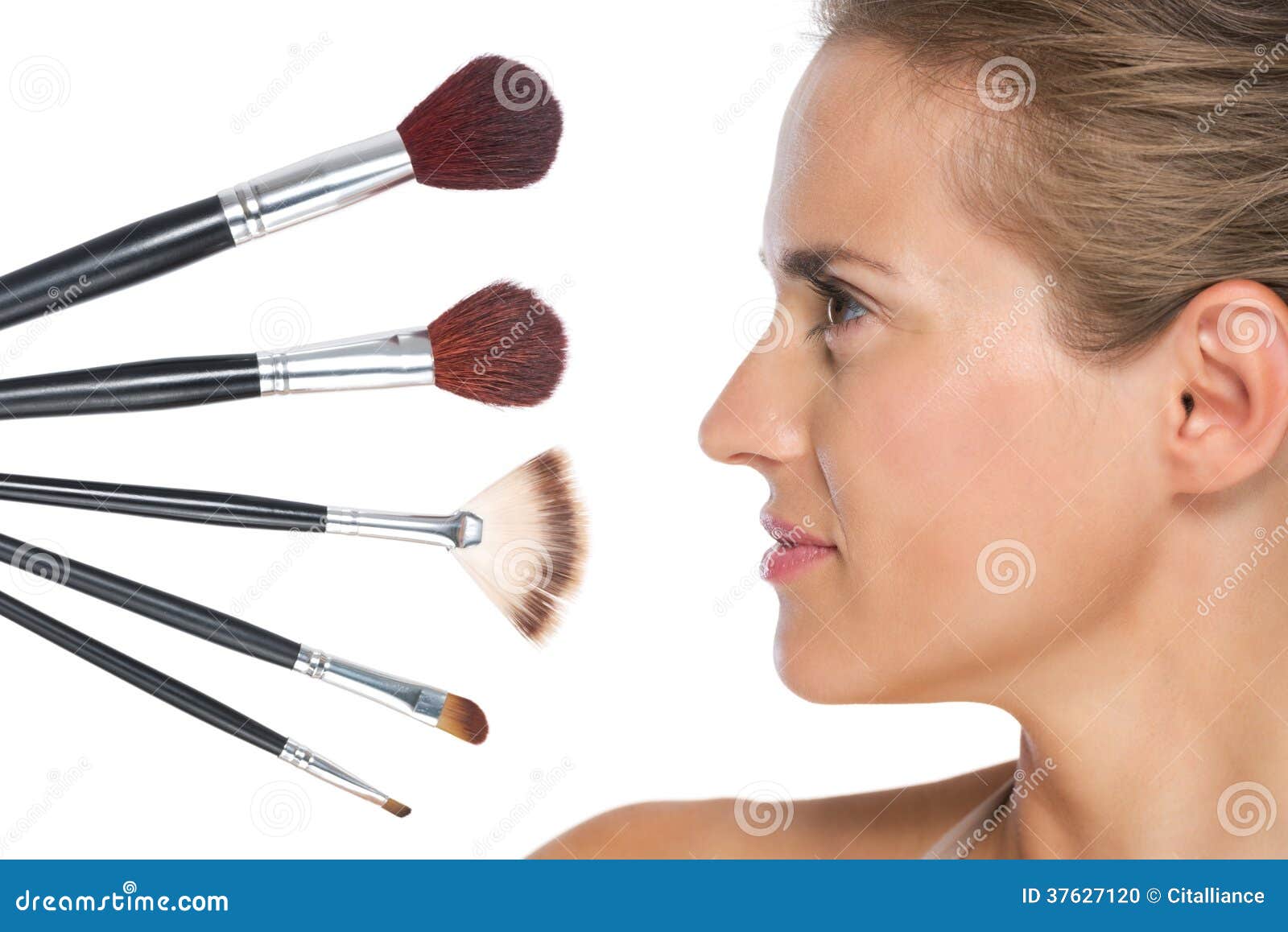 Profile Portrait of Young Woman with Makeup Brushes Stock Photo - Image ...