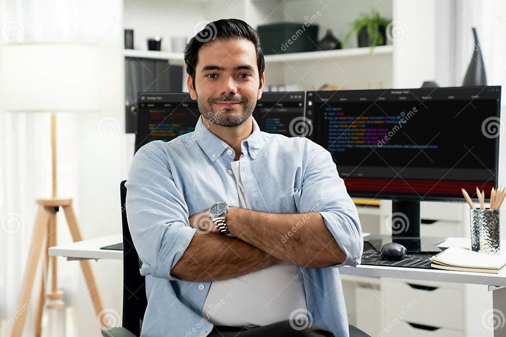 Profile Smart it Developer Looking Camera Against on Coding Pc Screen ...
