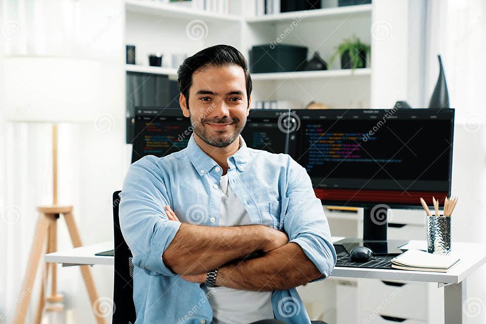 Profile Smart it Developer Looking Camera Against on Coding Pc Screen ...