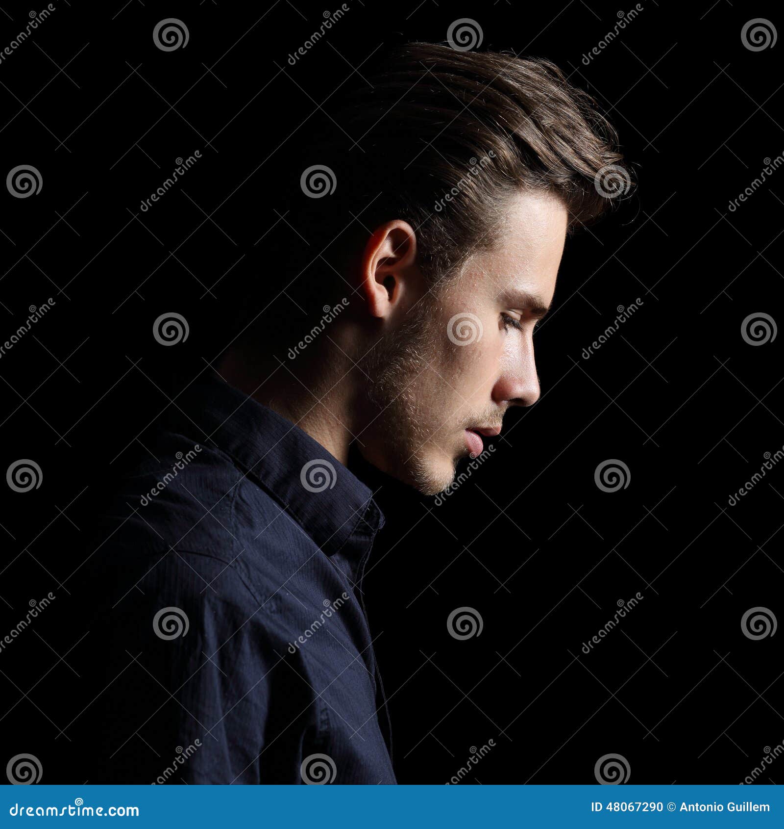 Profile of a Sad Man Face Crestfallen on Black Stock Photo - Image of ...