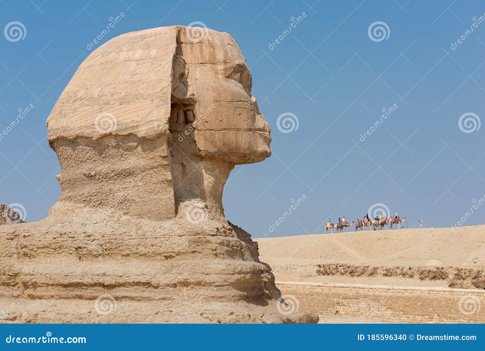 Profile Shot of the Egyptian Sphinx with People Riding Camels in the ...