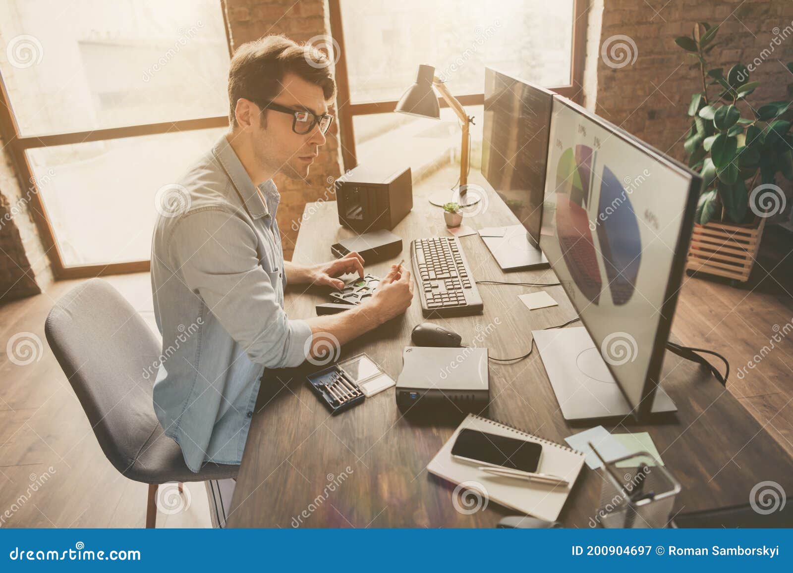 Profile Side Photo of Focused Guy Sit Desk Look Monitor Computer Screen ...