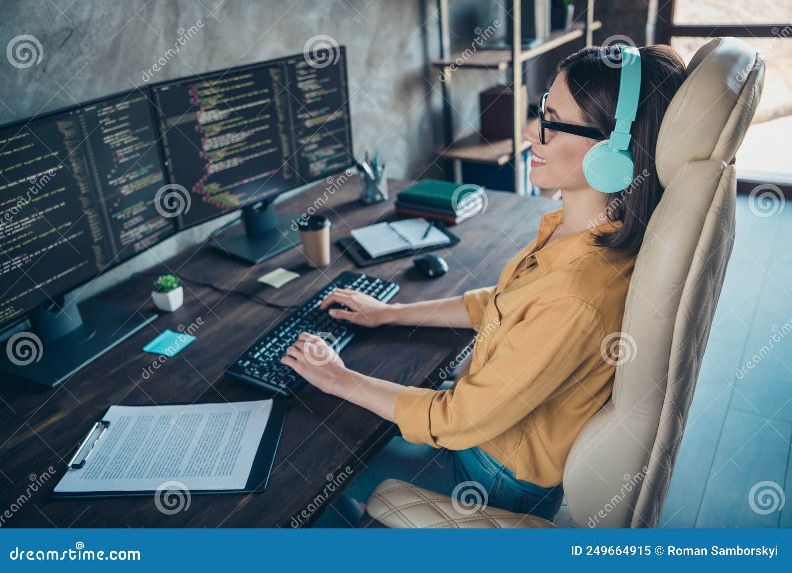 Profile Side View Portrait of Attractive Cheery Focused Girl Geek ...