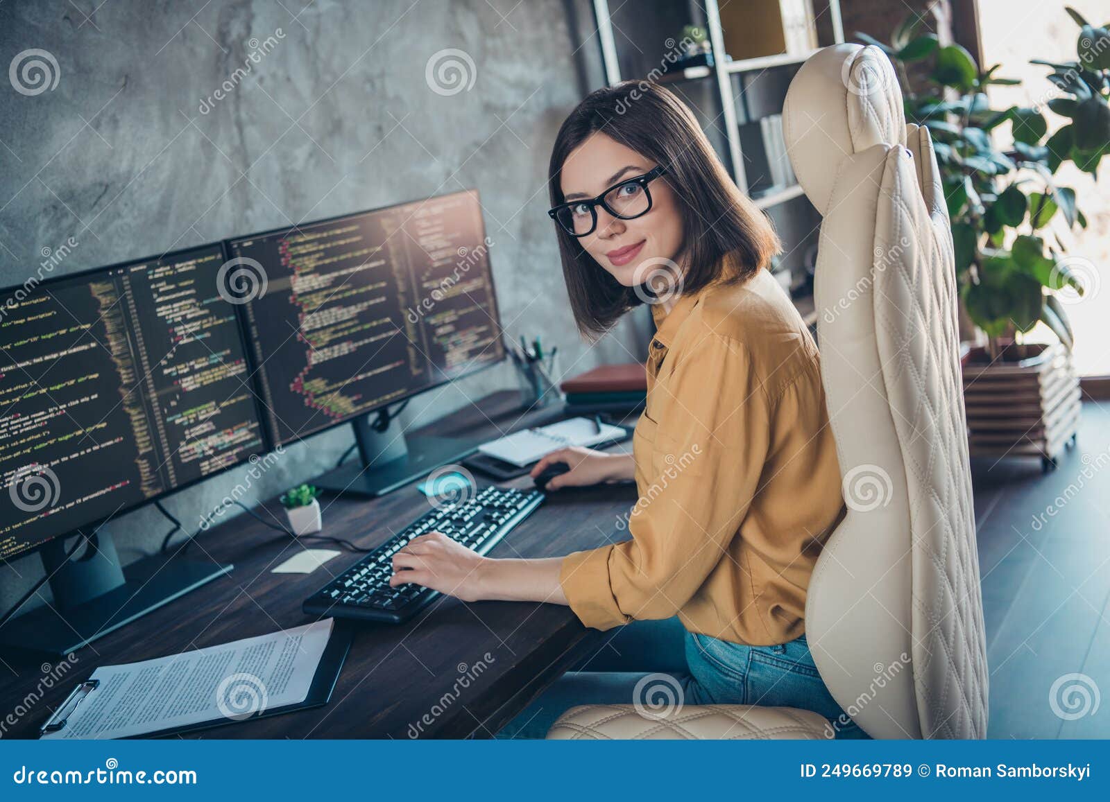 Profile Side View Portrait of Attractive Cheery Girl Expert Developing ...