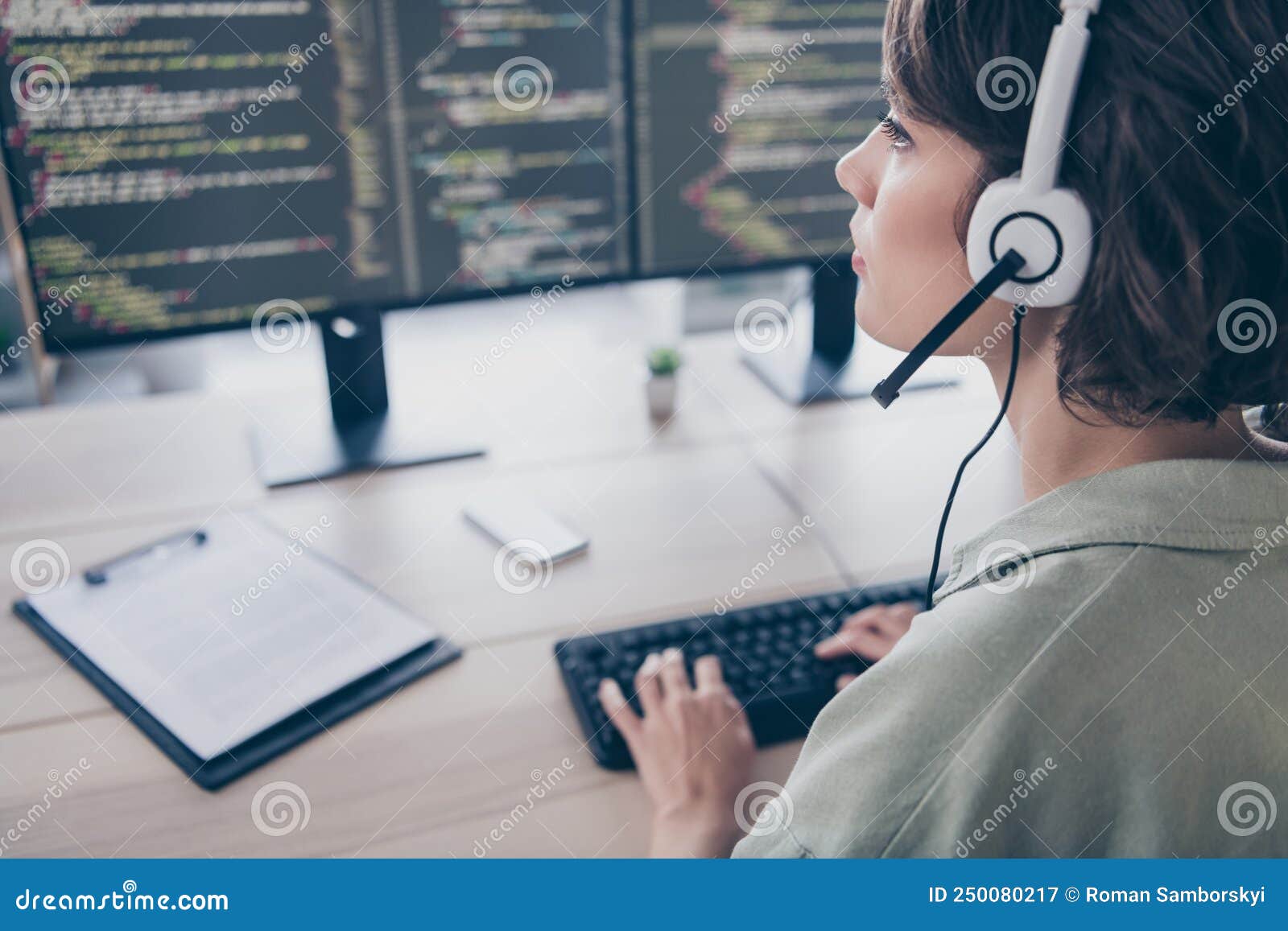 Profile Side View Portrait of Attractive Confident Girl Coding Writing ...