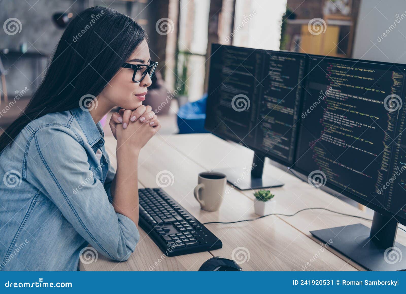 Profile Side View Portrait of Attractive Focused Girl Geek Research ...