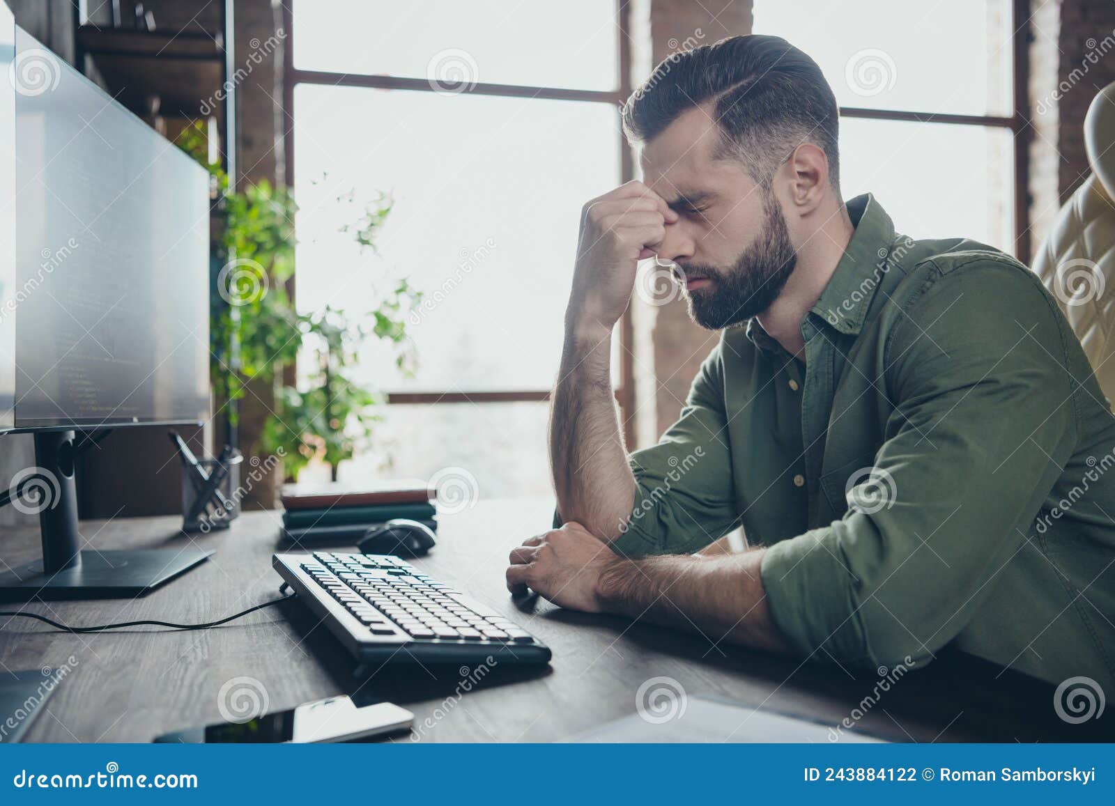Profile Side View Portrait of Attractive Tired Guy Writing Solving Task ...