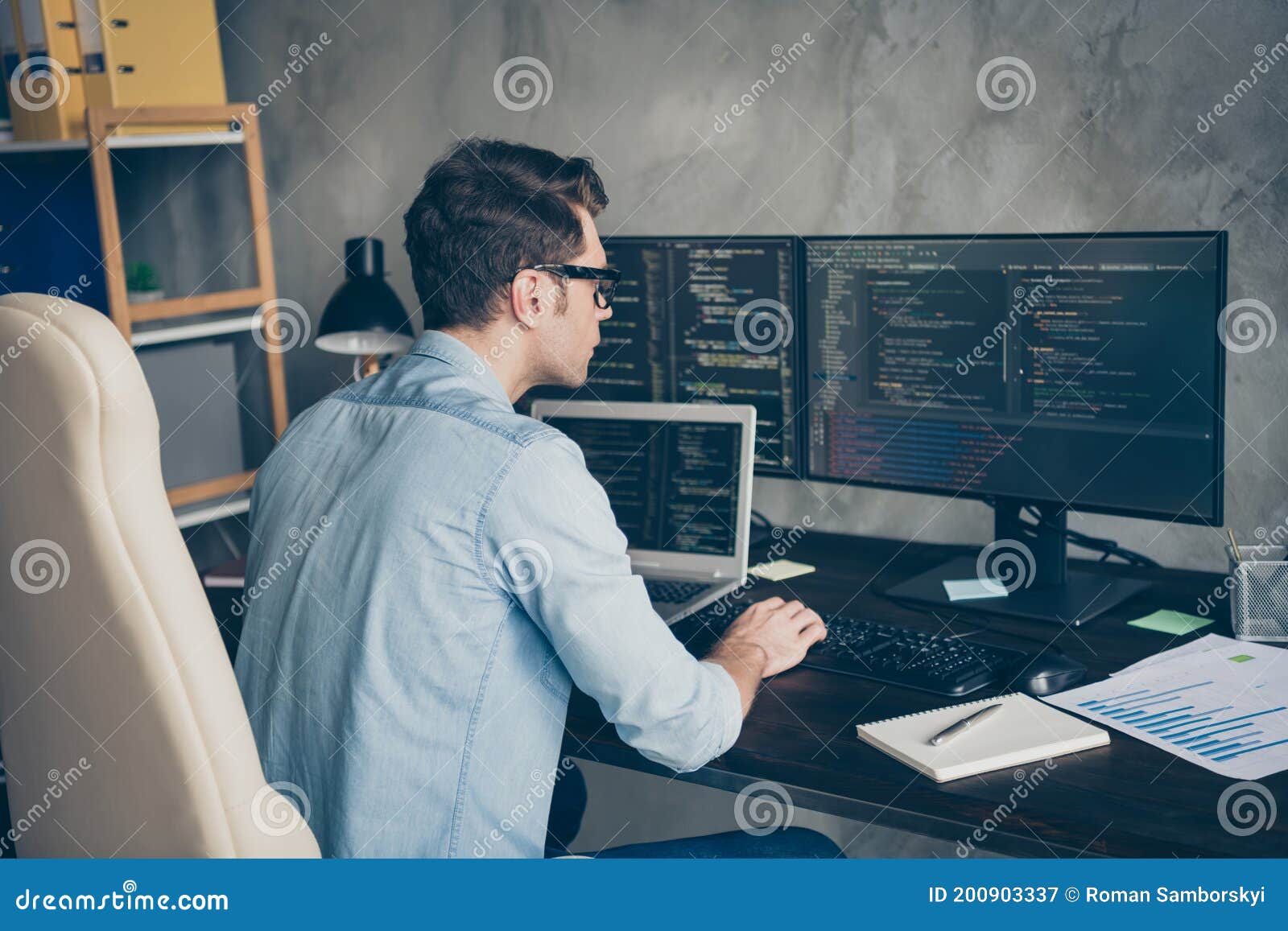 Profile Side View Portrait of His he Nice Focused Geek Guy Tech ...