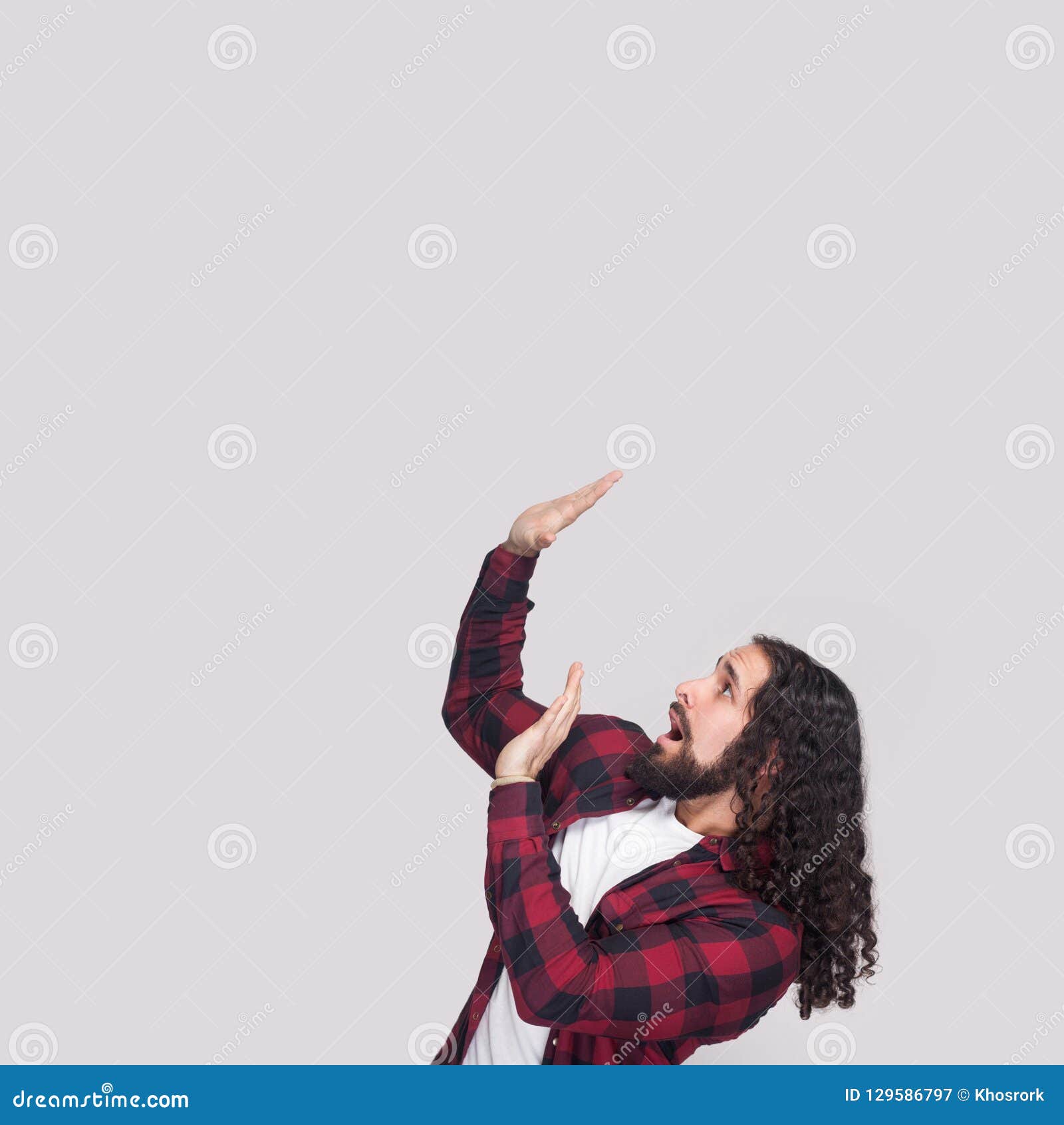 Profile Side View of Scared Man with Beard and Black Long Curly Stock ...