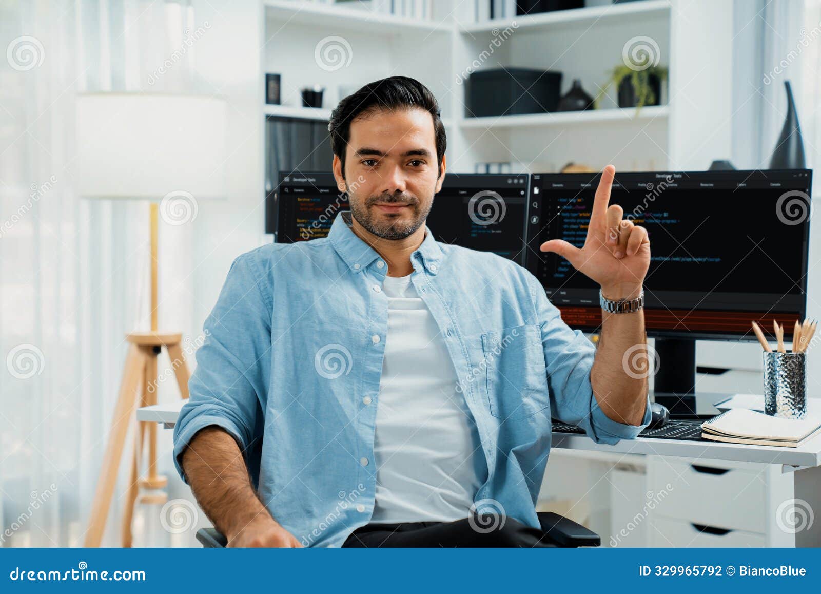 Profile Smart it Developer Looking Camera Against on Coding Pc Screen ...