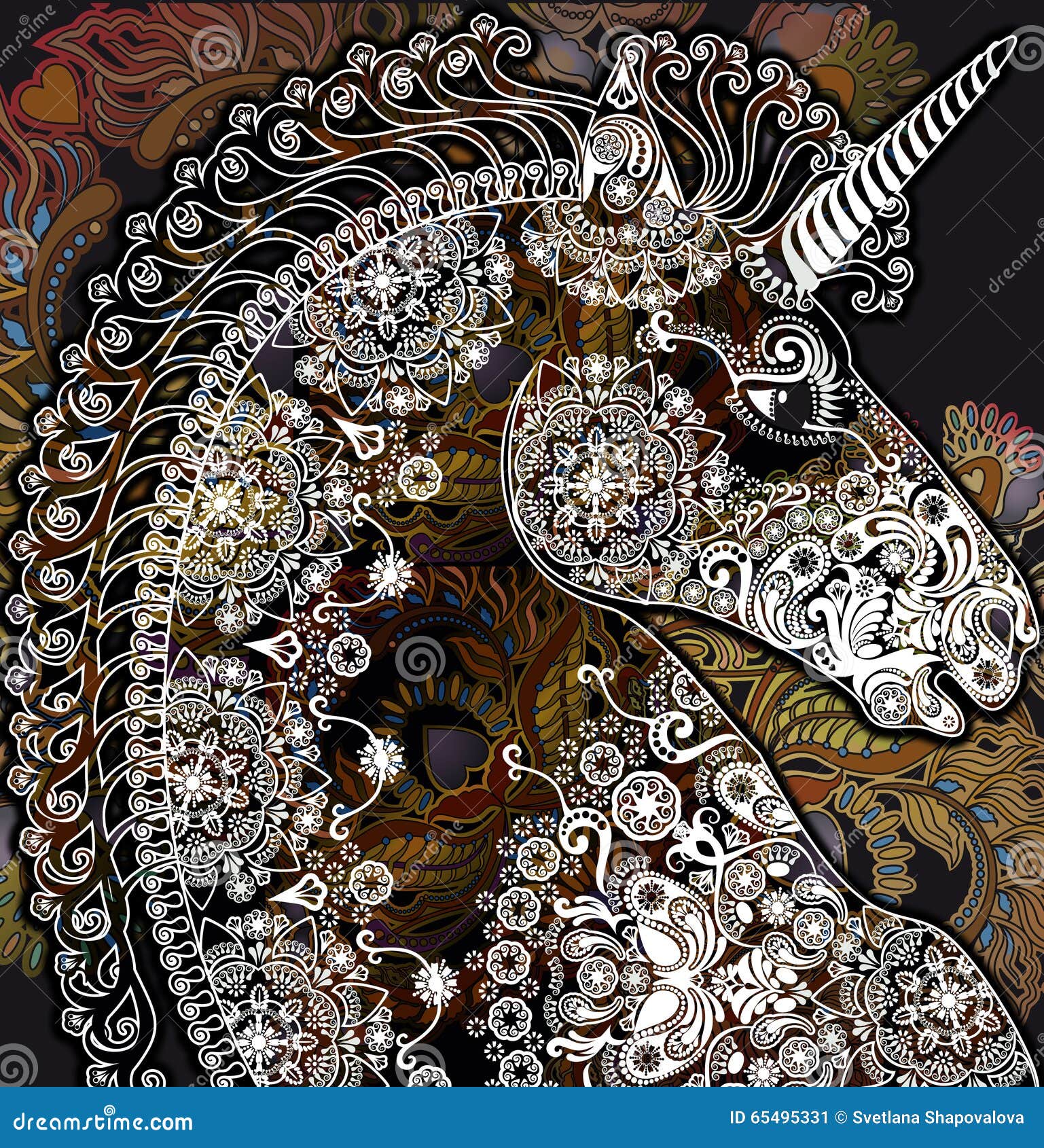 Profile Unicorn Head, Floral Colored Background Stock Illustration ...